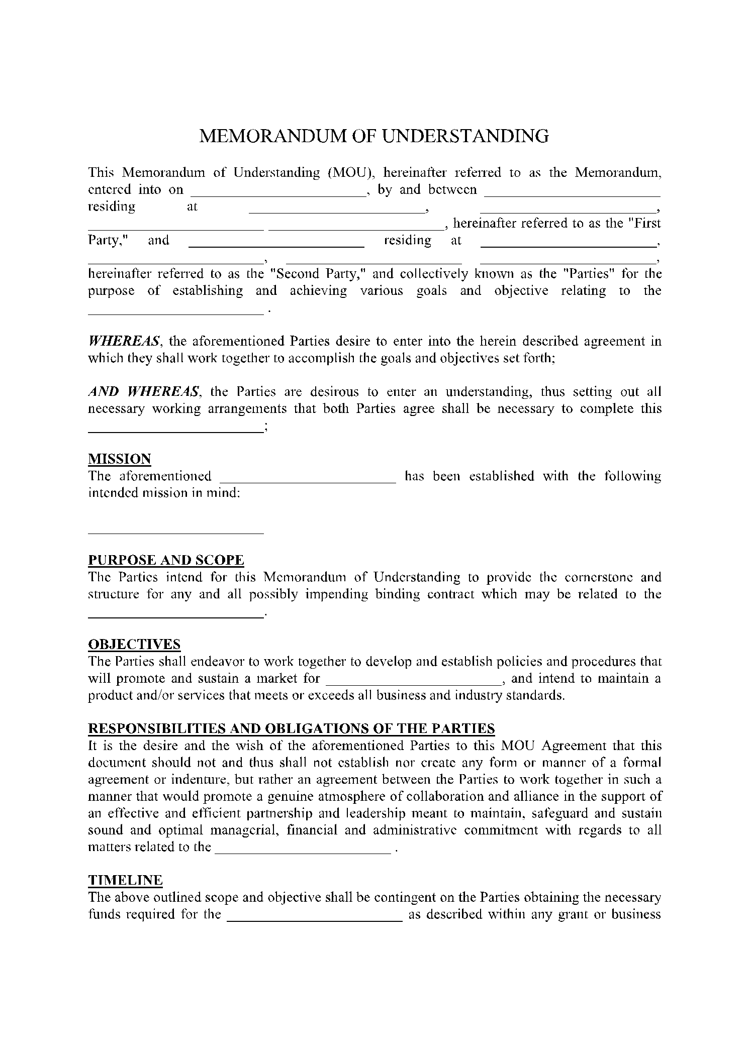 Mediation Memorandum Of Understanding Template