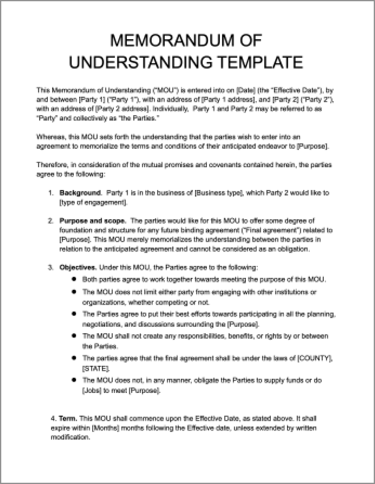 Memorandum of Understanding Acquisition Template