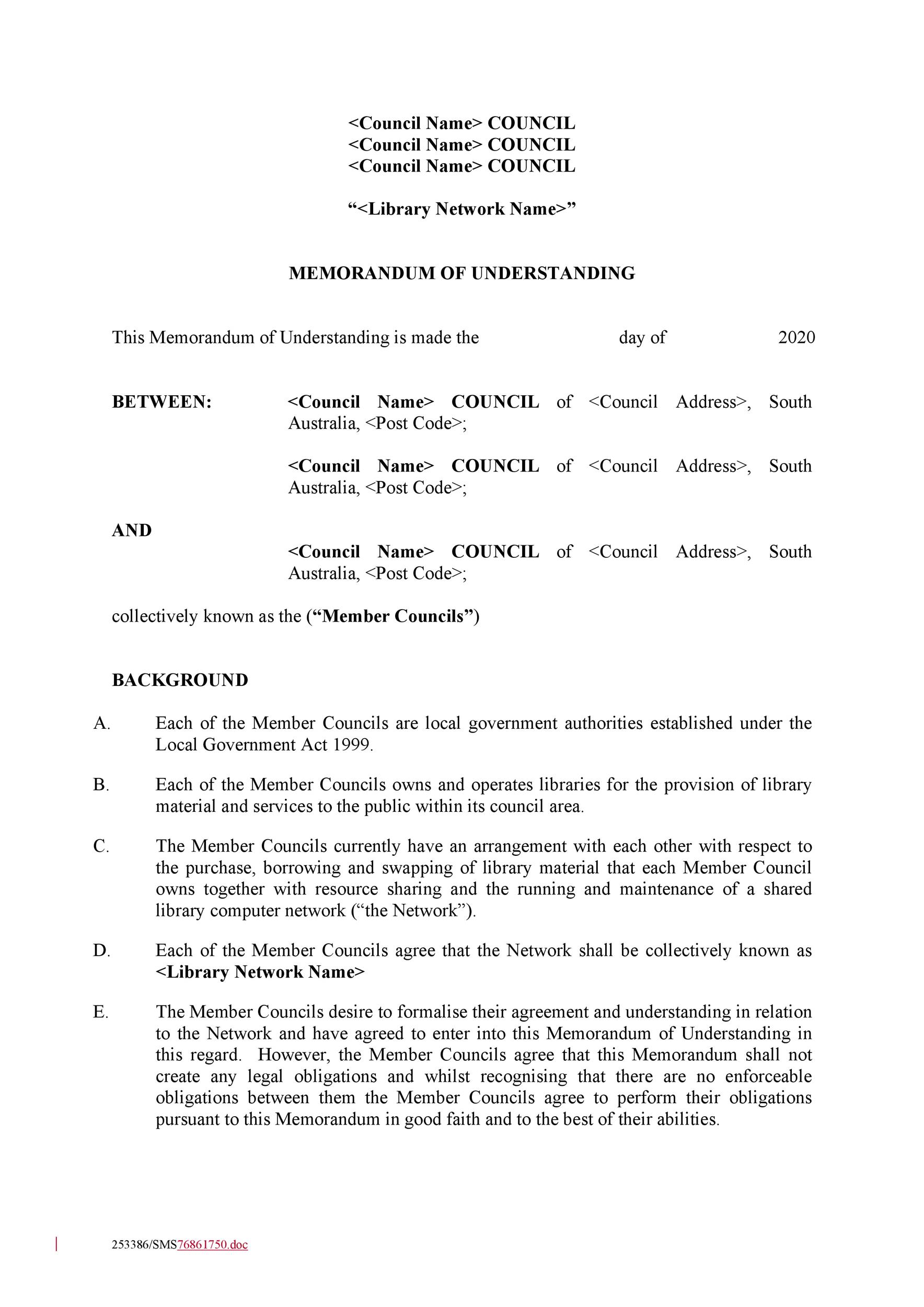 Memorandum of Understanding Investment Template