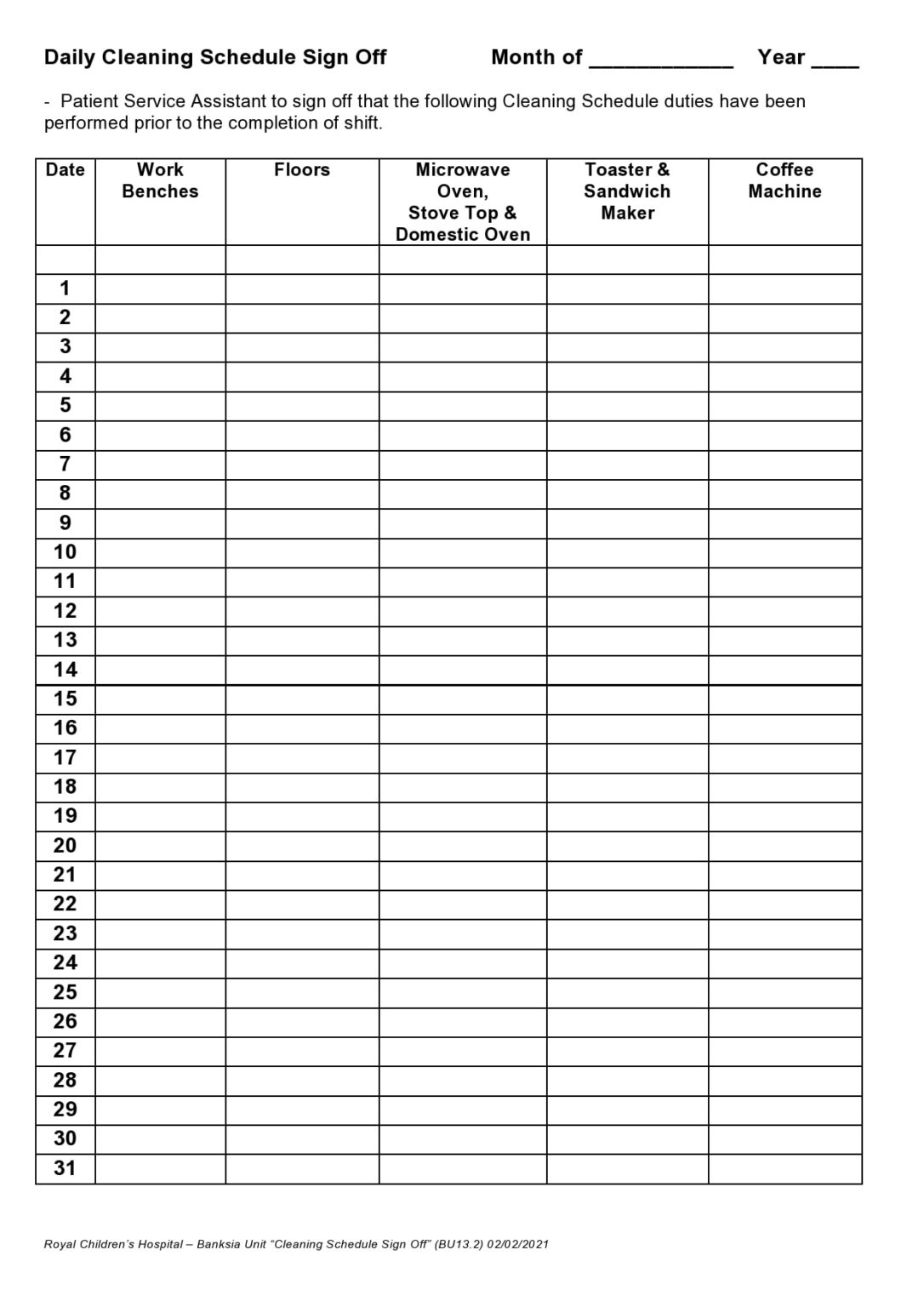 Cleaning Sign Off Sheet Template