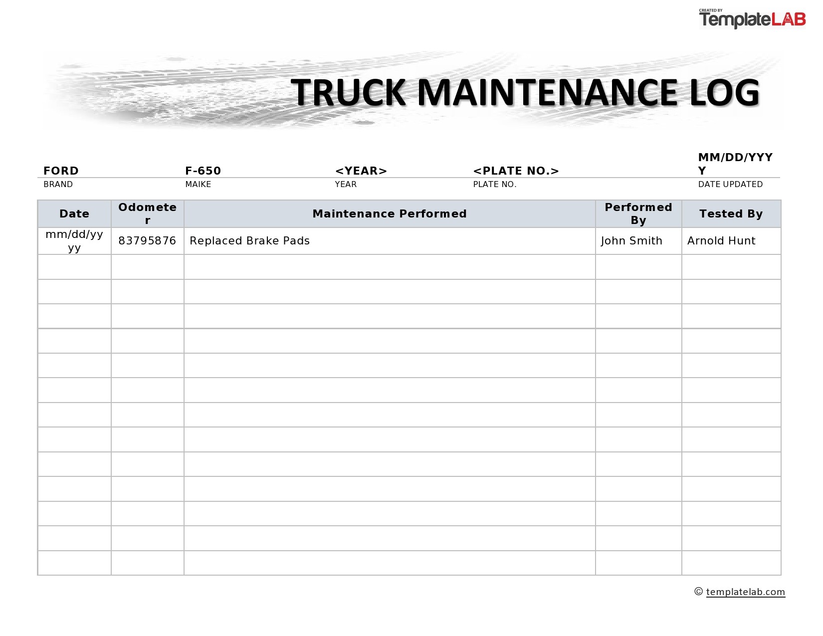 Company Vehicle Maintenance Log Template