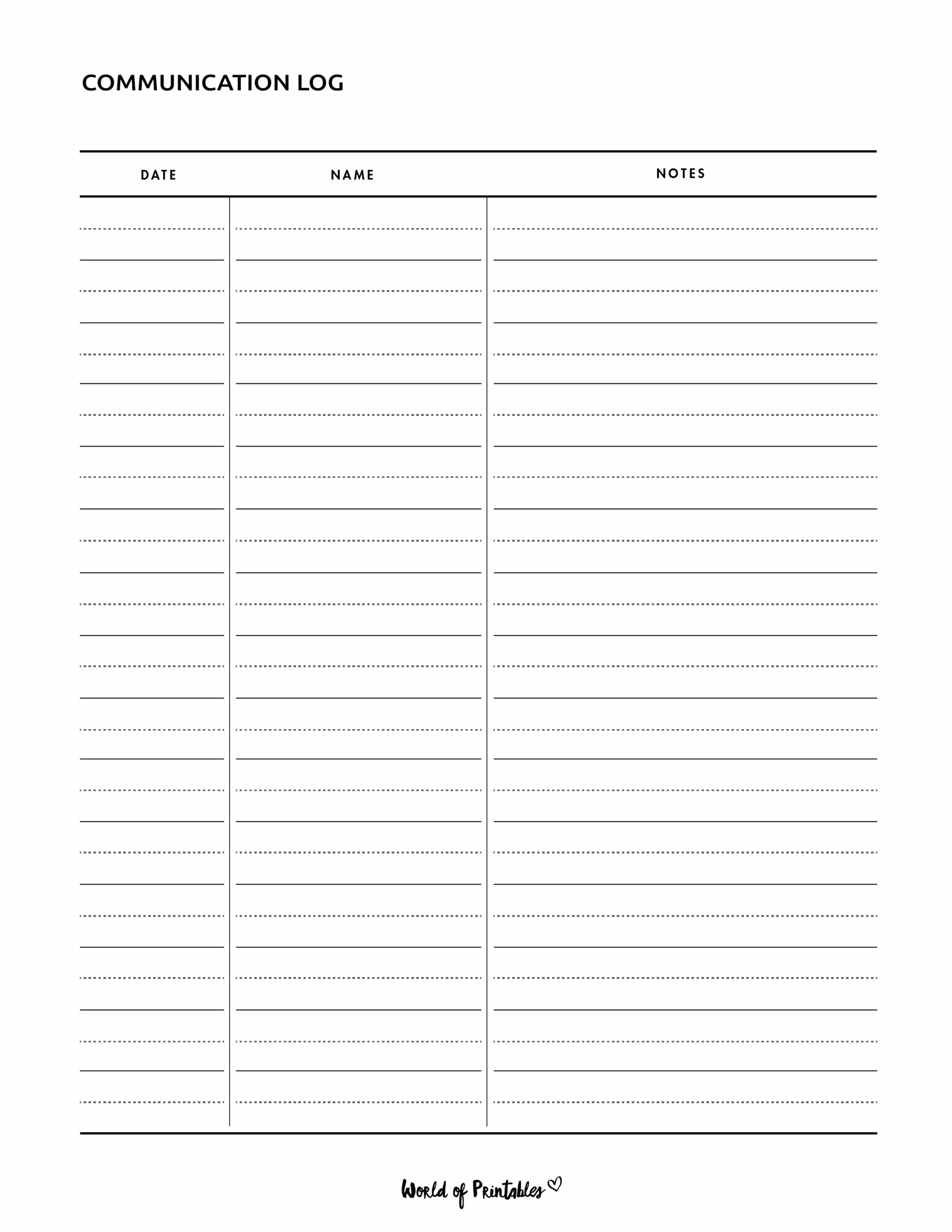Front Desk Communication Log Template