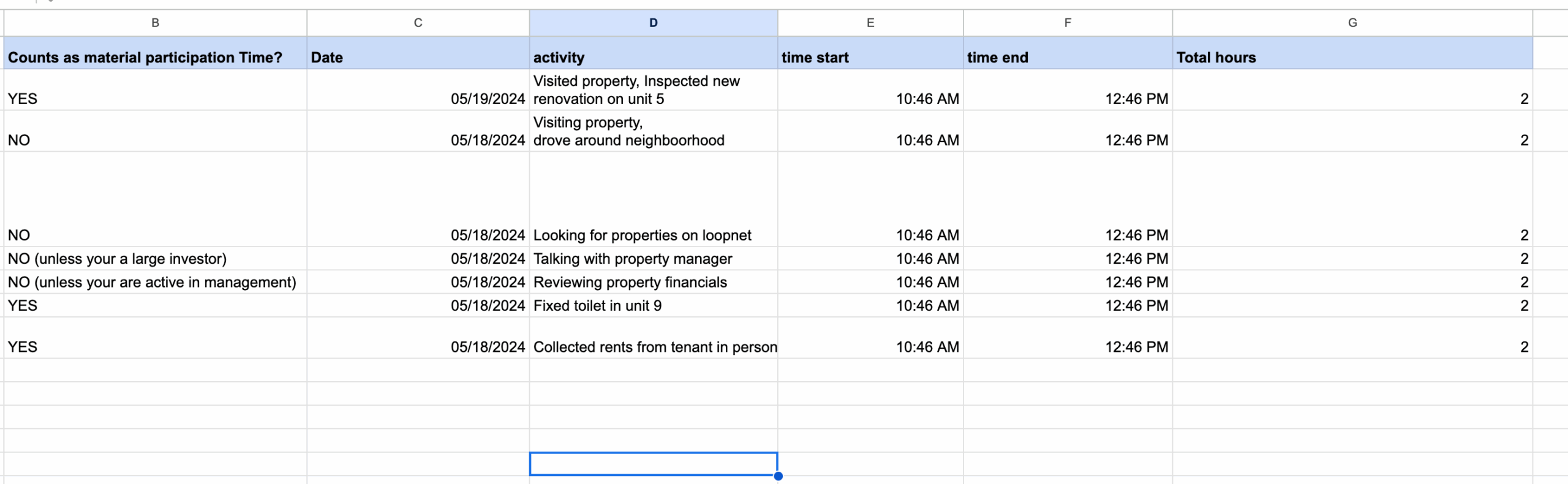 Real Estate Professional Time Log Template