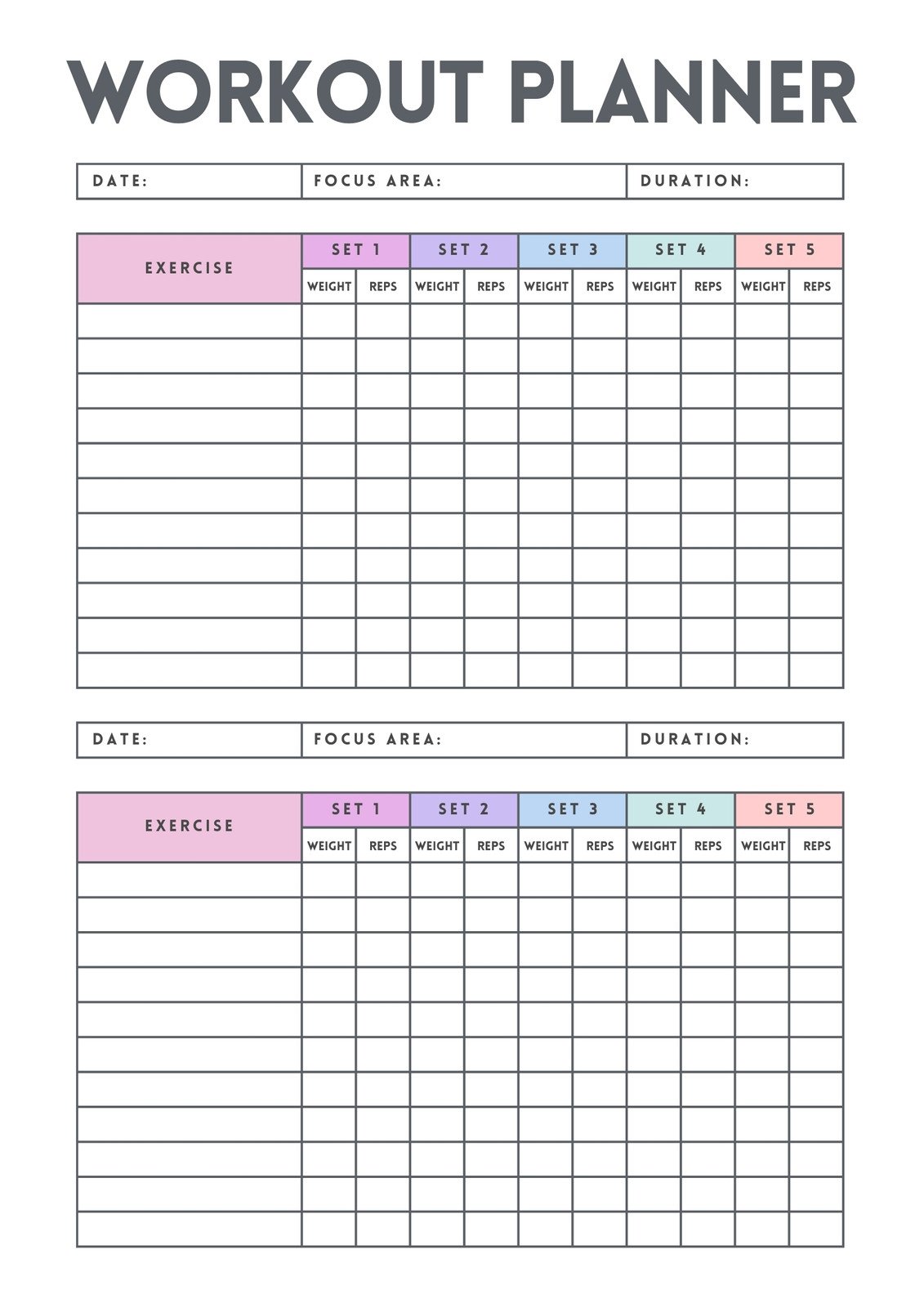 Weight Training Workout Log Template