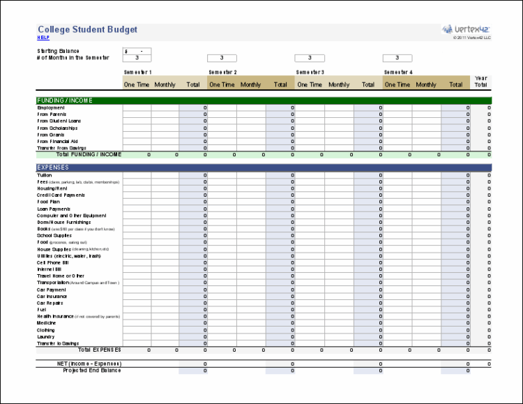 College Student Personal Budget Template